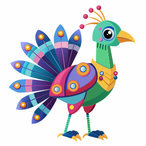 Colorful peacock robot, robotic bird isolated over white background ...