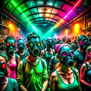 The picture illustrates a lively music and underground bunker party ...