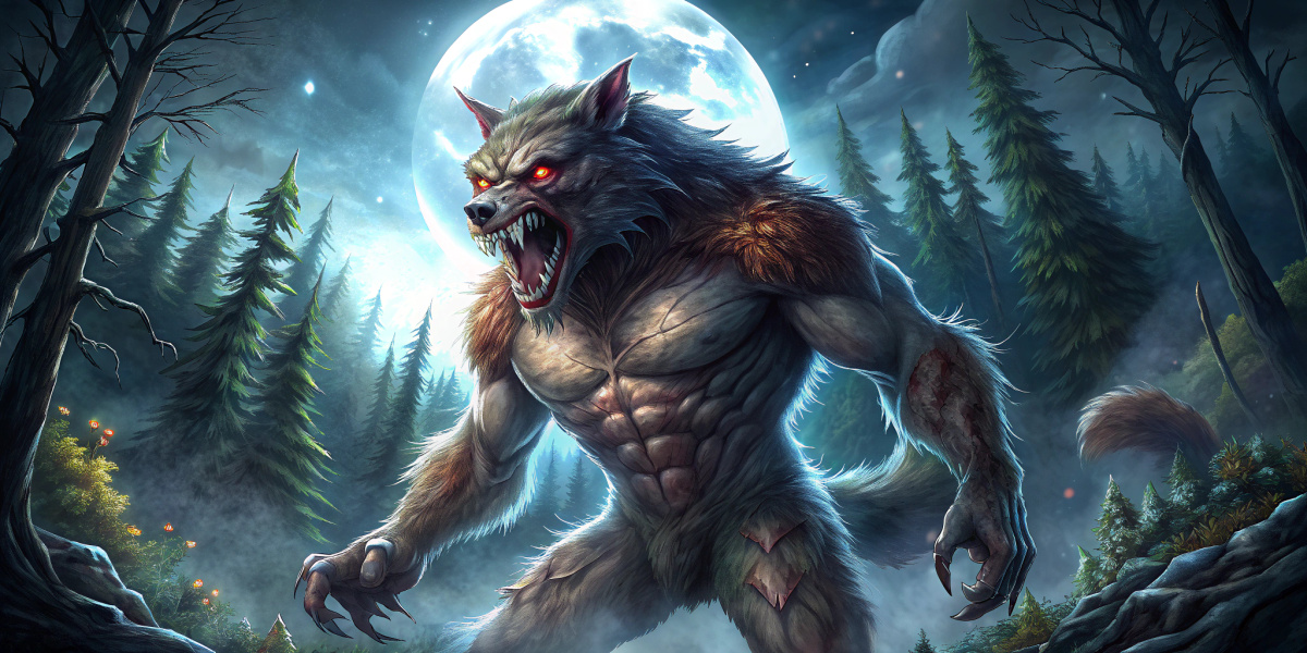 a man like humanoid werewolf standing in the centre of a forest at ...