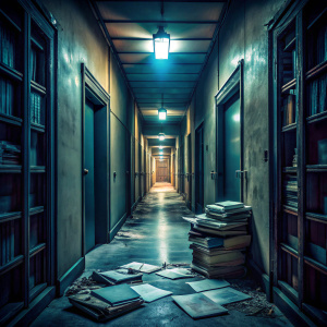 spooky dark research center corridor journals in stacks lying on the ...