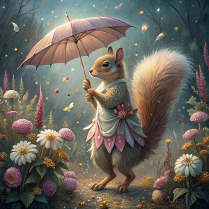 An adorable, elegant, fancy squirrel holding an umbrella, dancing in ...