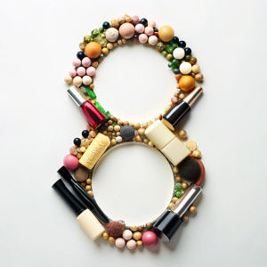 The image features the number eight made out of various cosmetics ...