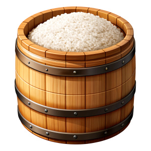 A light-colored wood-grain barrel filled with cooked white rice ...