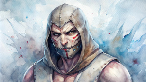 an assassin is a with a mangled jaw, a muzzle on his face, battle scars ...
