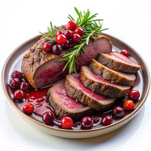 A plate of roasted venison with cranberry sauce.on white backgound - Recraft