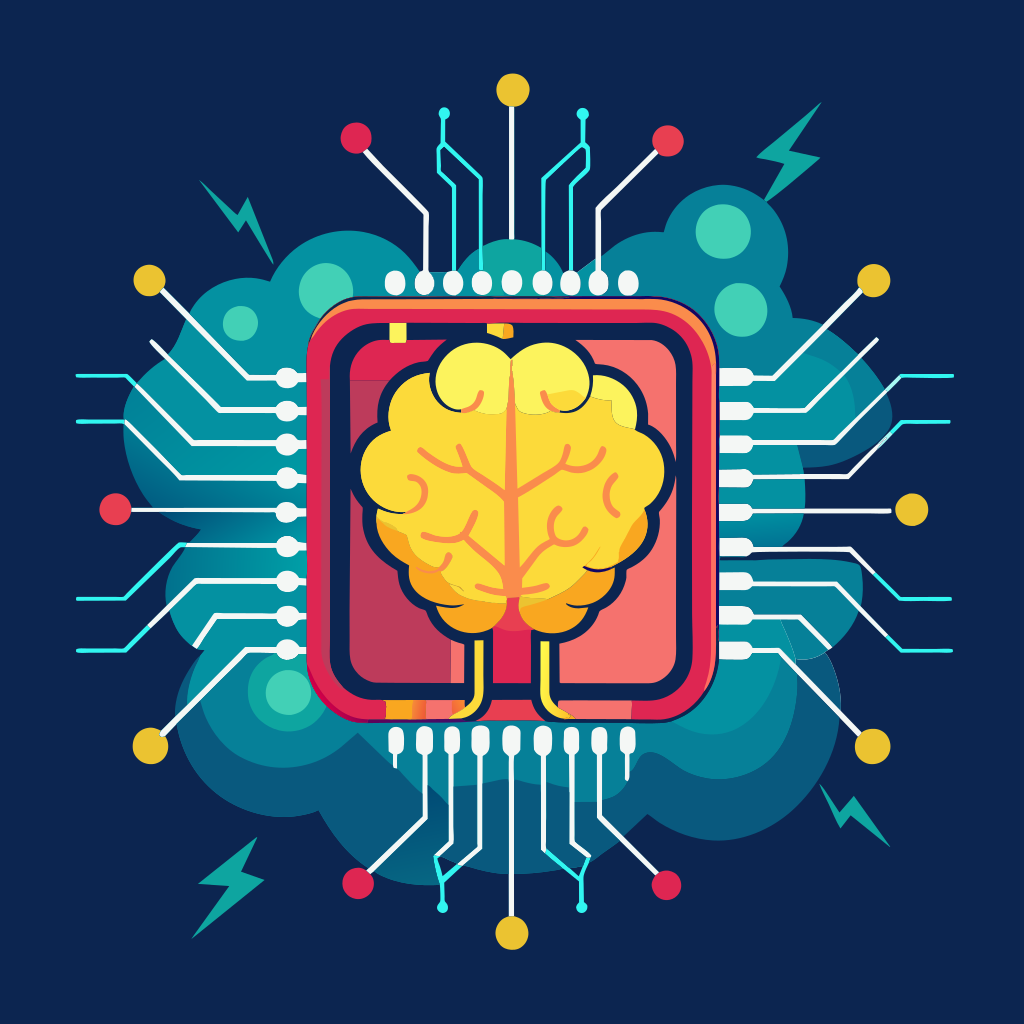 A brain-shaped computer chip with electrical sparks flowing around it ...