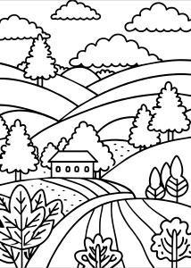 Patterned LANDSCAPE SIMPLE NAIF LINE ART, NO COLORS, BLACK AND WHITE ...