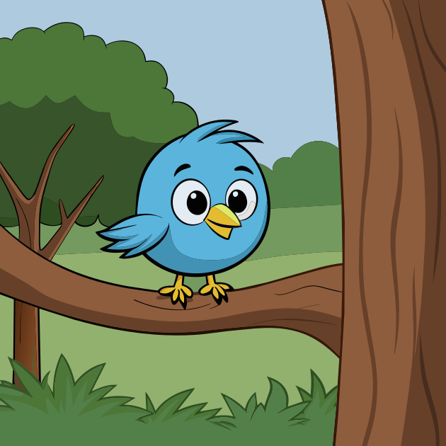 small, cute bird being trapped unser a twig on the tree in a cartoon ...
