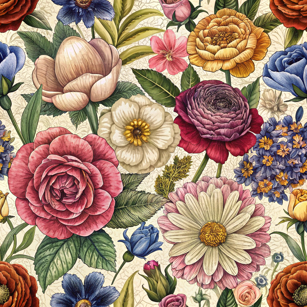 Create a pattern featuring a variety of flowers such as roses, tulips ...