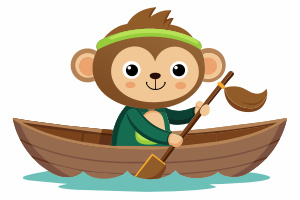 Cute monkey rowing wooden boat on white background - Recraft