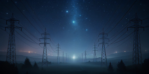 two rows of high-voltage power lines night, starry sky, the lights of ...