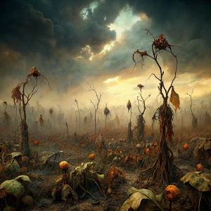 A desolate landscape with wilted and dead plants, their leaves drooping ...