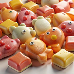 3D Render of animal-shaped candy, such as bears or fish, on isolated ...