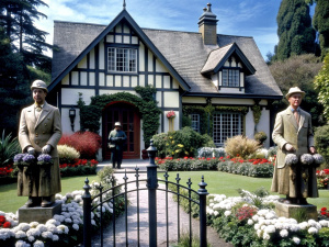 Close-up photograph of the front of an English chalet house in ...
