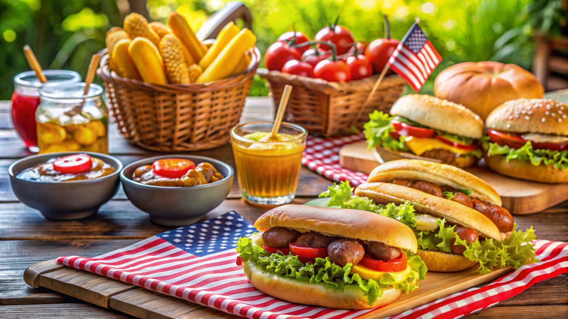 Outdoor American BBQ lunch setup with burgers and hot dogs - Recraft