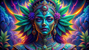 create an image of an Egyptian goddess, with a cannabis leaf on her ...