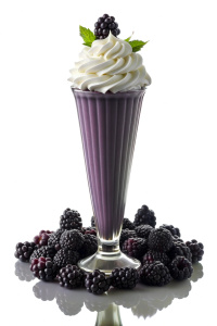 Blackberry smoothie in a tall stylized glass glass garishly decorated ...