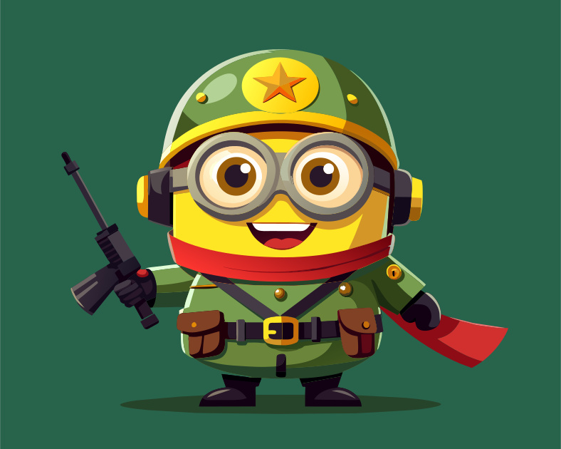 smily minions d in military russian green helmet and slingshot in hands ...