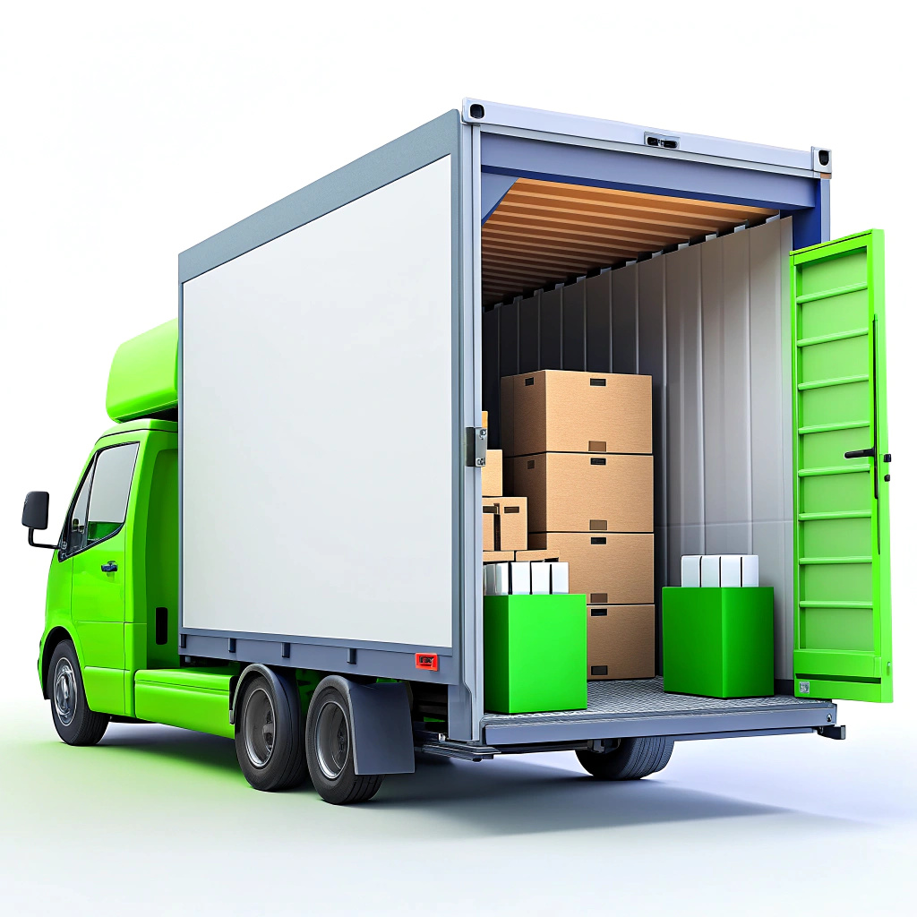 on a white background ! A large truck full of moving supplies turned to ...