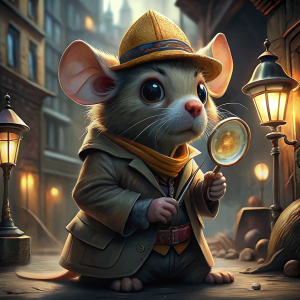 A small but determined mouse, dressed in a classic detective hat and ...