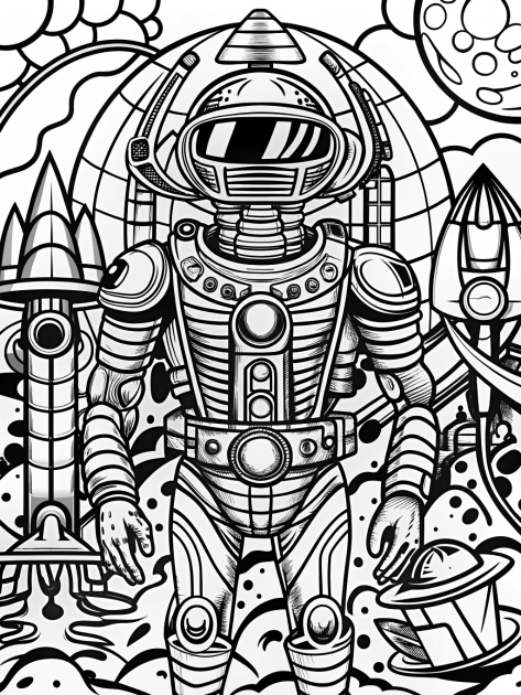 science fiction, Coloring Page, cartoon style, thick lines, many ...