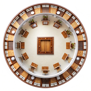 top aerial view of indian chettinad empty room round shape on white ...