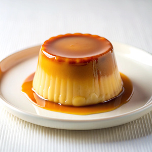 Caramel flan on white plate on white background - Recraft