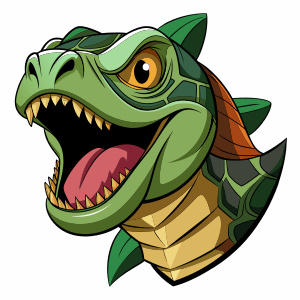 the image features an illustration of a turtles head, open mouth, sharp ...